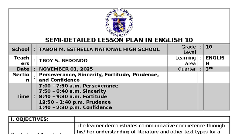 ENGLISH 10 Lesson Plan: Argumentative Essay Focus (Q3) - Studocu