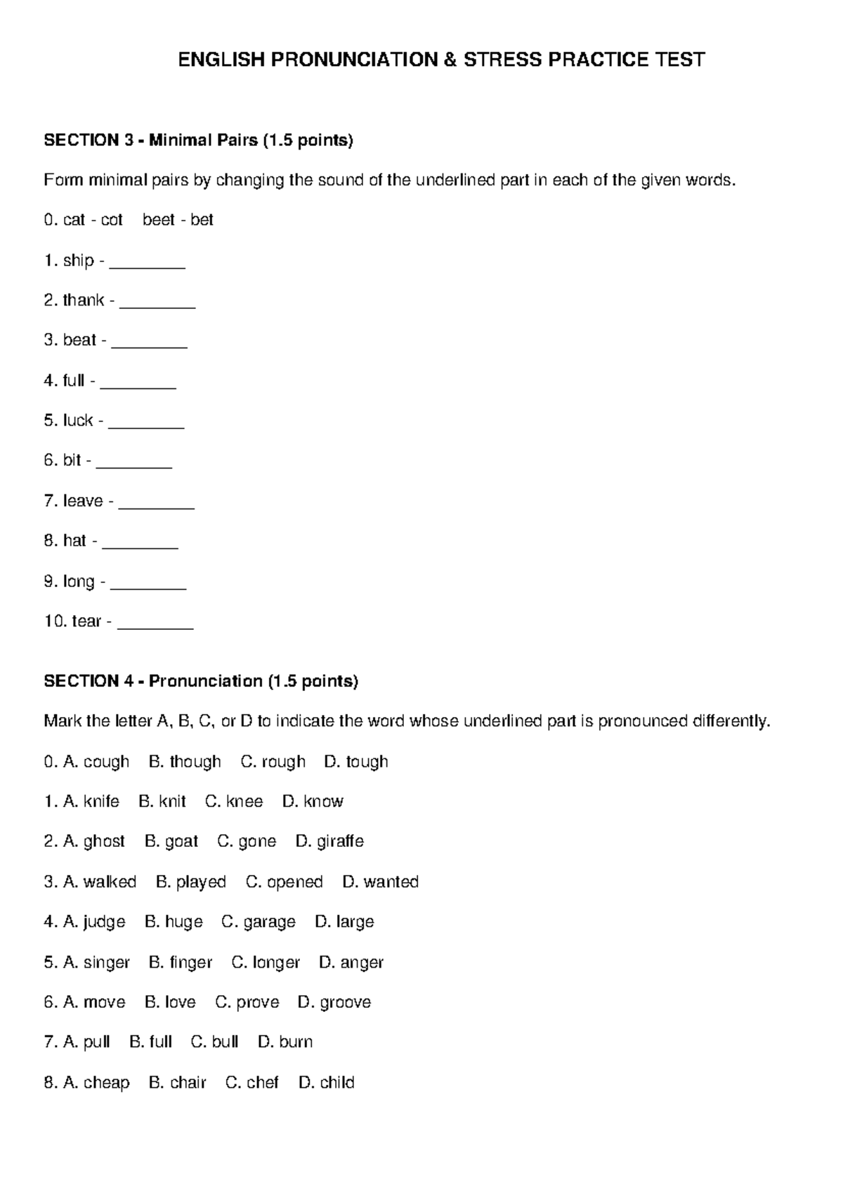 ENGLISH 101: Pronunciation Stress Practice Test (Sections 3 & 4) - Studocu