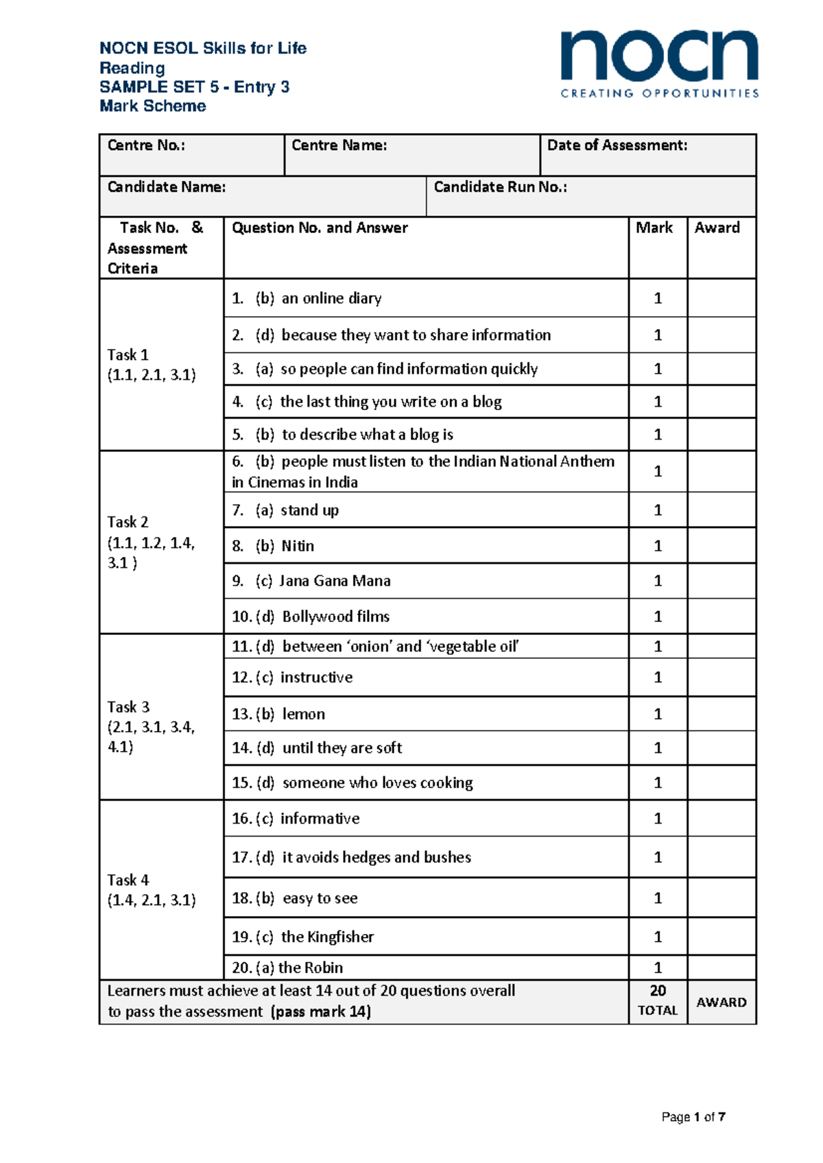 NOCN ESOL Skills for Life Reading Entry 3 Mark Scheme Sample Set 5 ...
