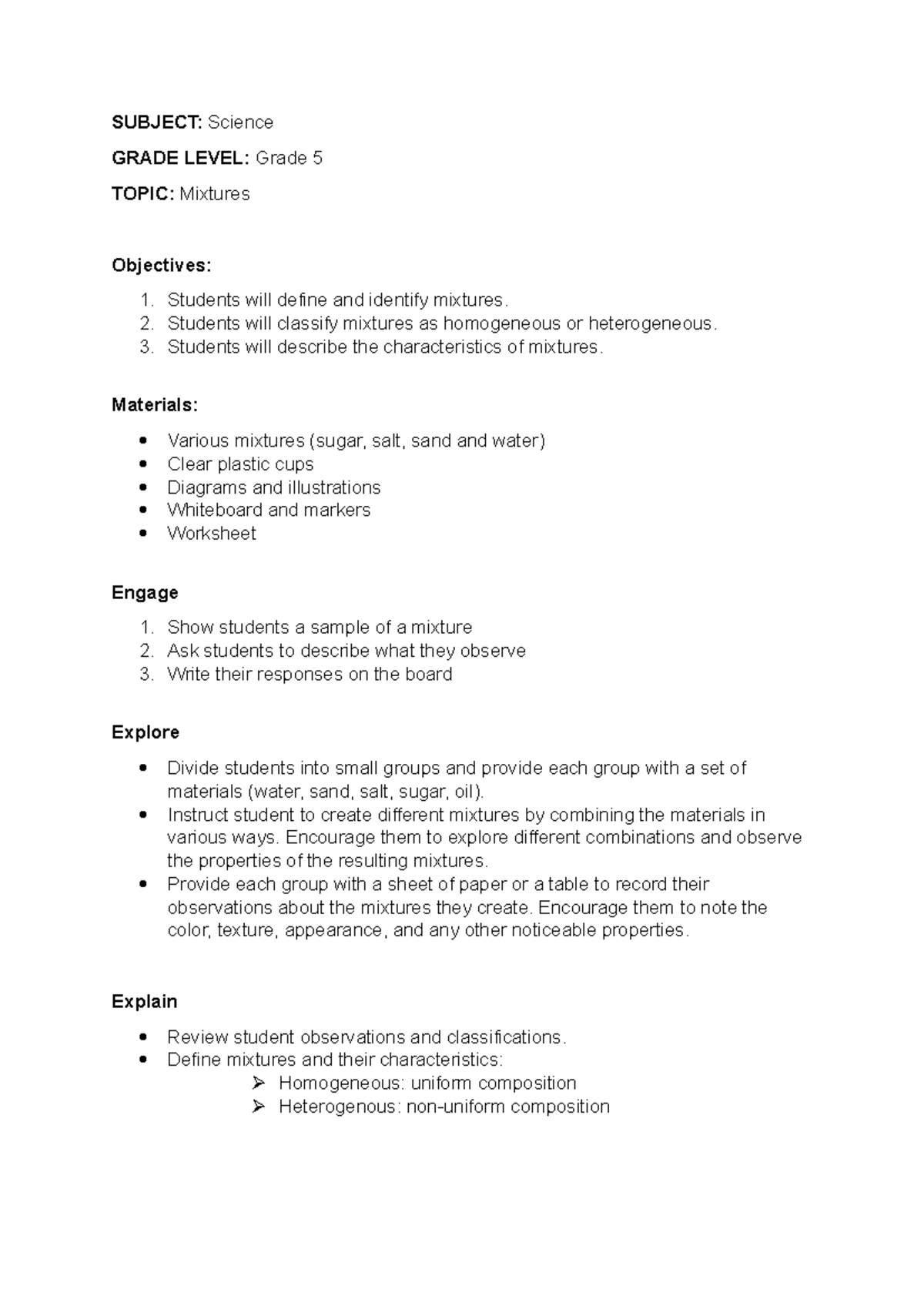Grade 5 Science Lesson Plan: Understanding Mixtures - Studocu