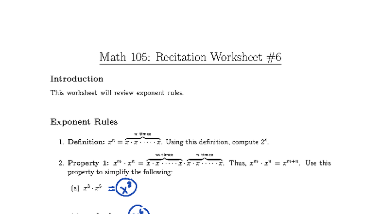 Math 105: Recitation Worksheet 6 Solutions on Exponent Rules - Studocu