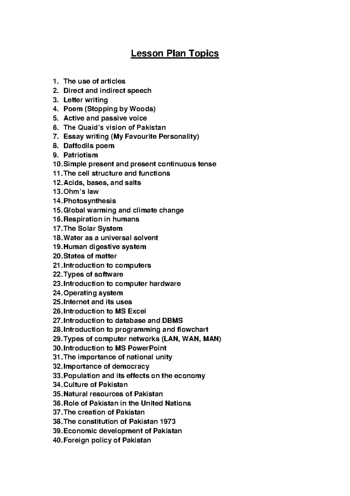 Lesson Plan Topics: Key Concepts in Language & Science - Studocu