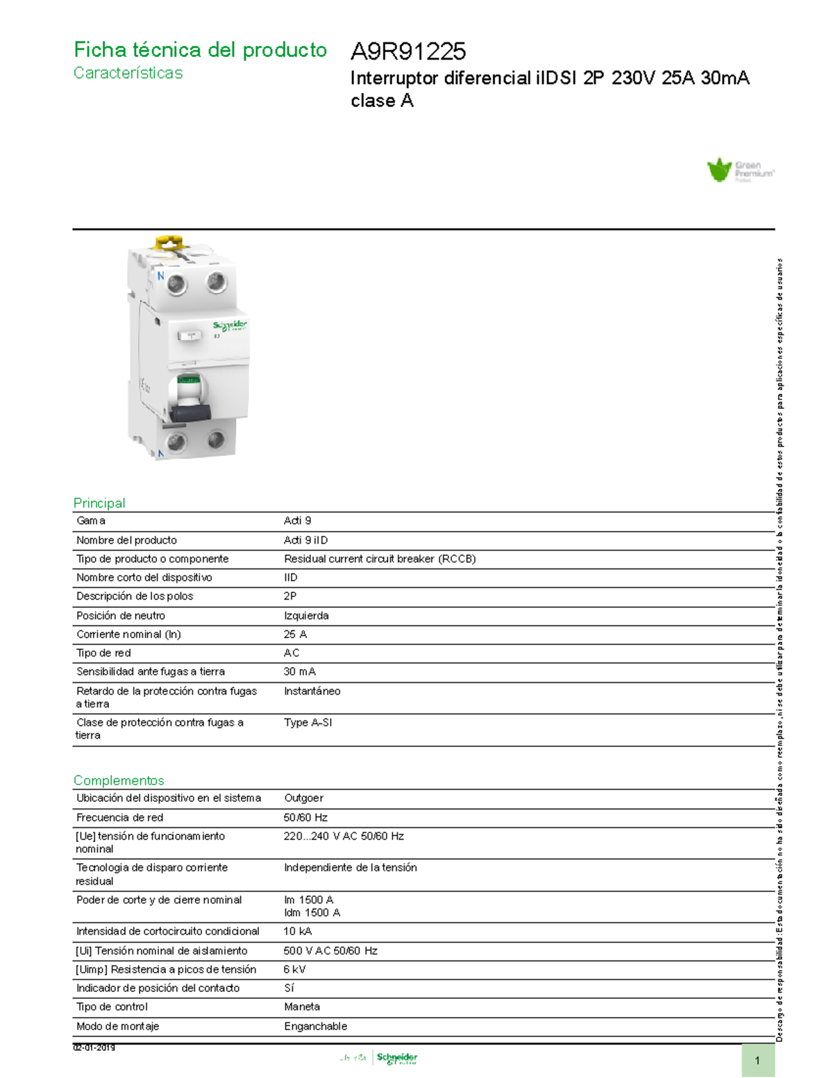 Ficha Técnica A9R Interruptor Diferencial iIDSI 2P 25A 30mA - Studocu