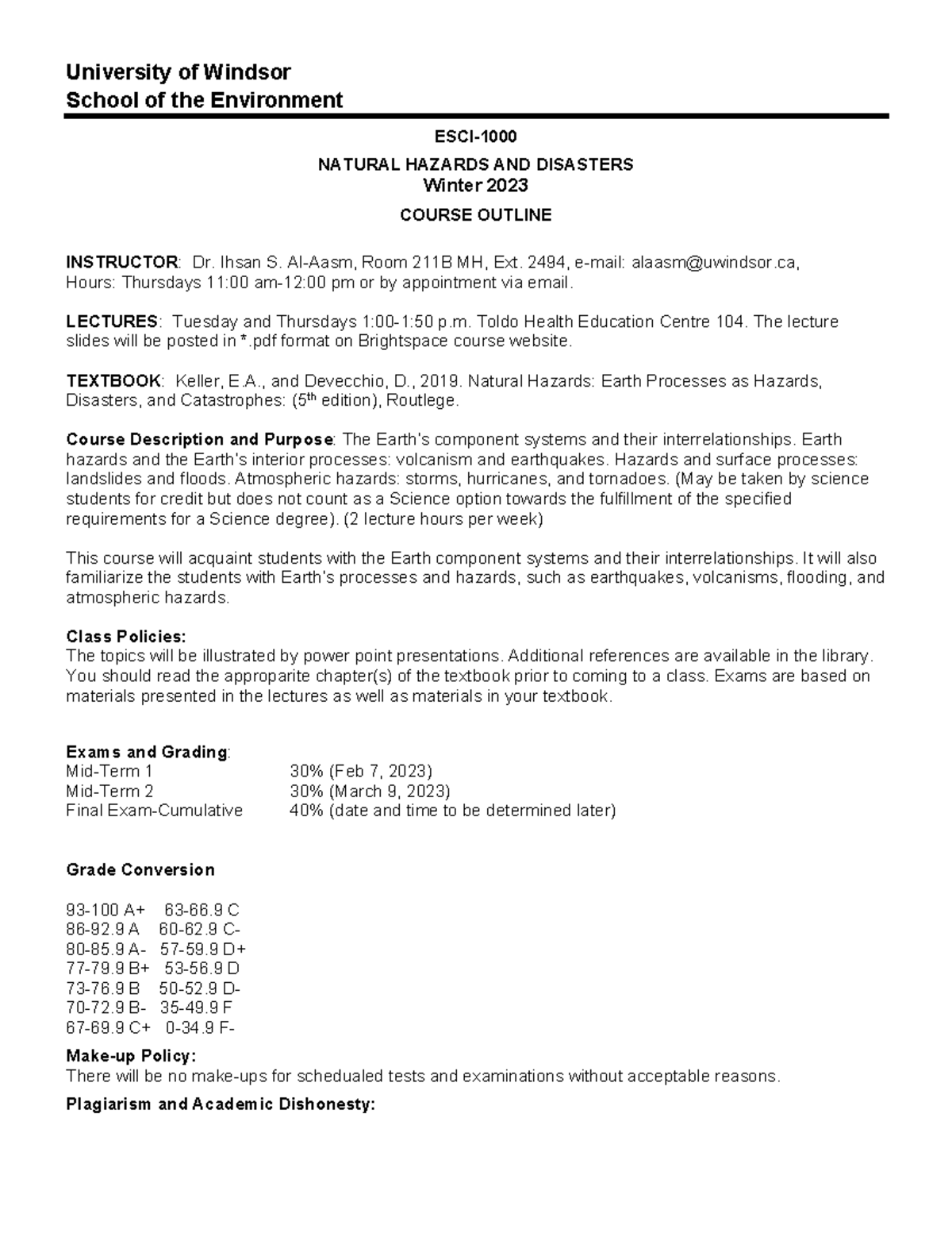 ESCI Natural Hazards and Disasters Syllabus - Winter 2023 Guide - Studocu
