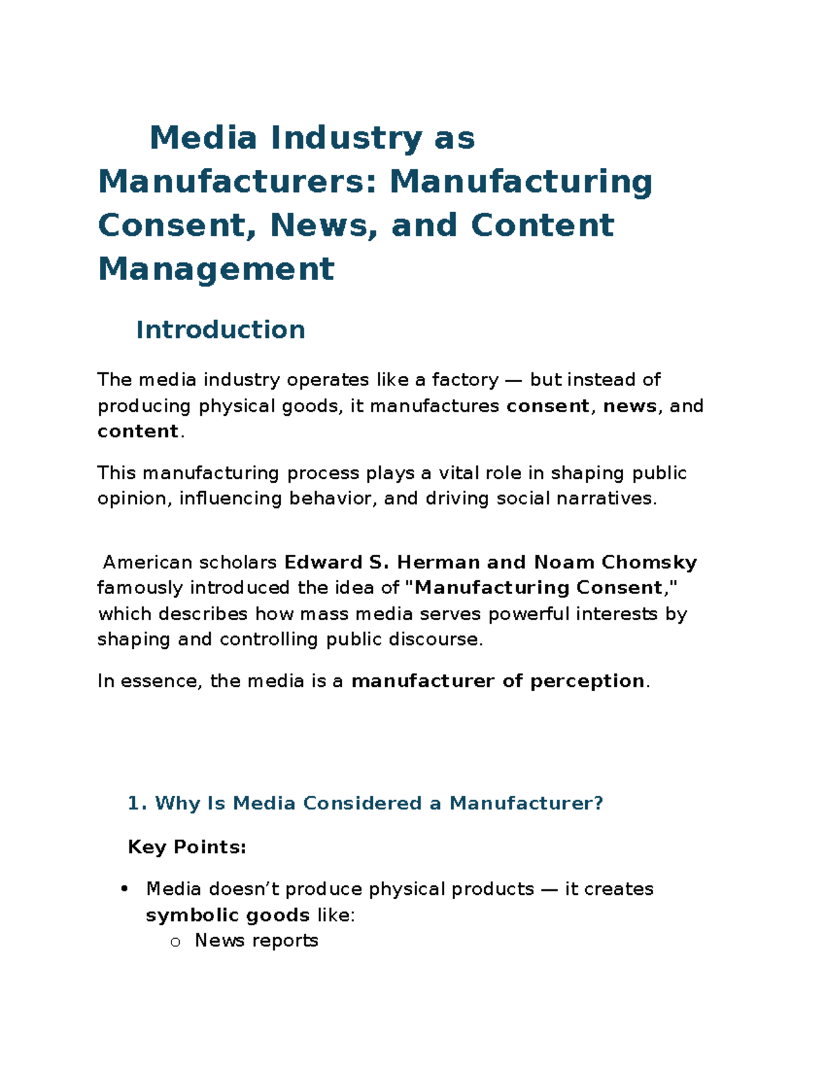 Unit 1 Part 2: Media Industry & Management - Manufacturing Consent ...