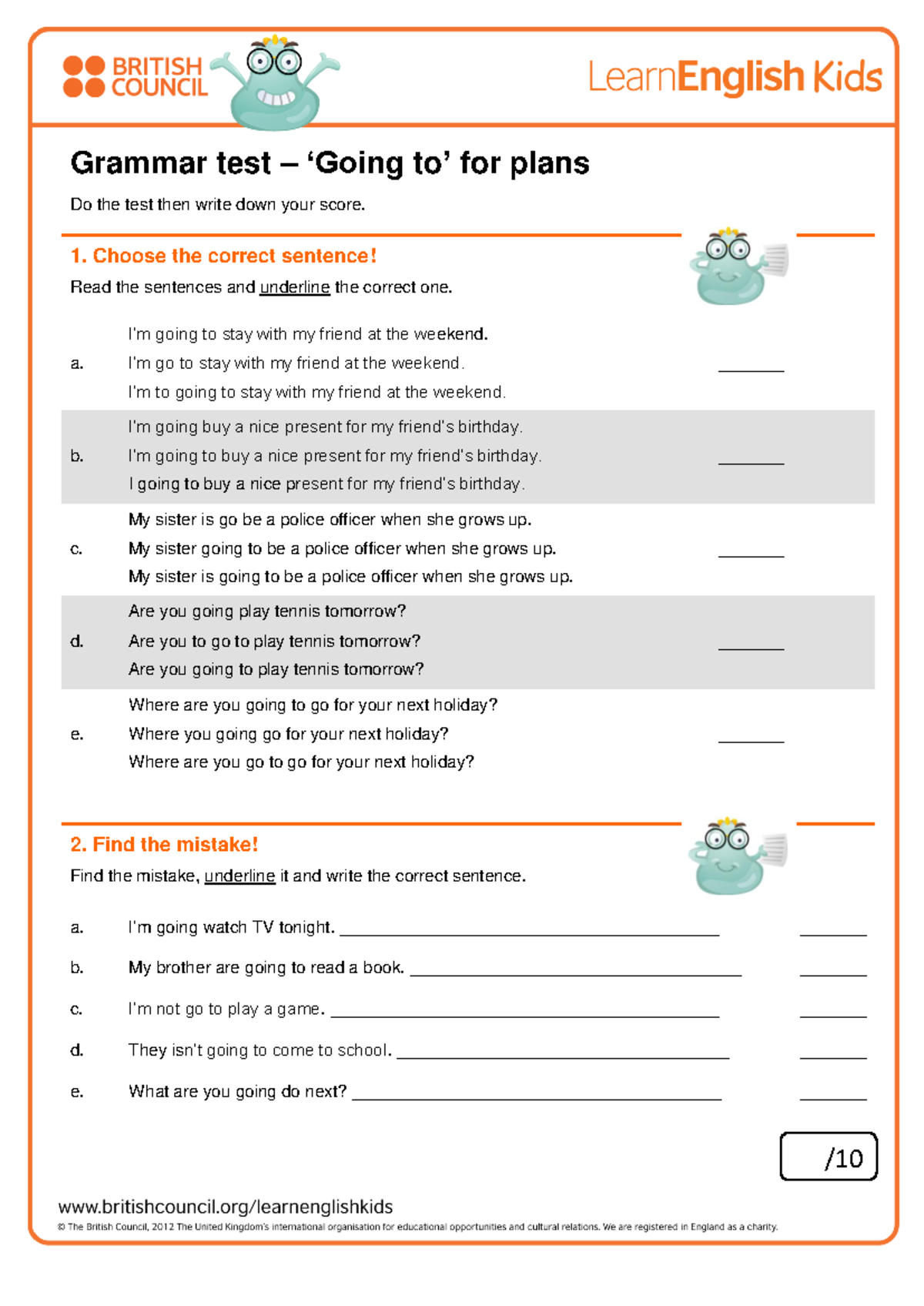 Grammar Test: 'Going to' for Plans - Practice Questions - Studocu