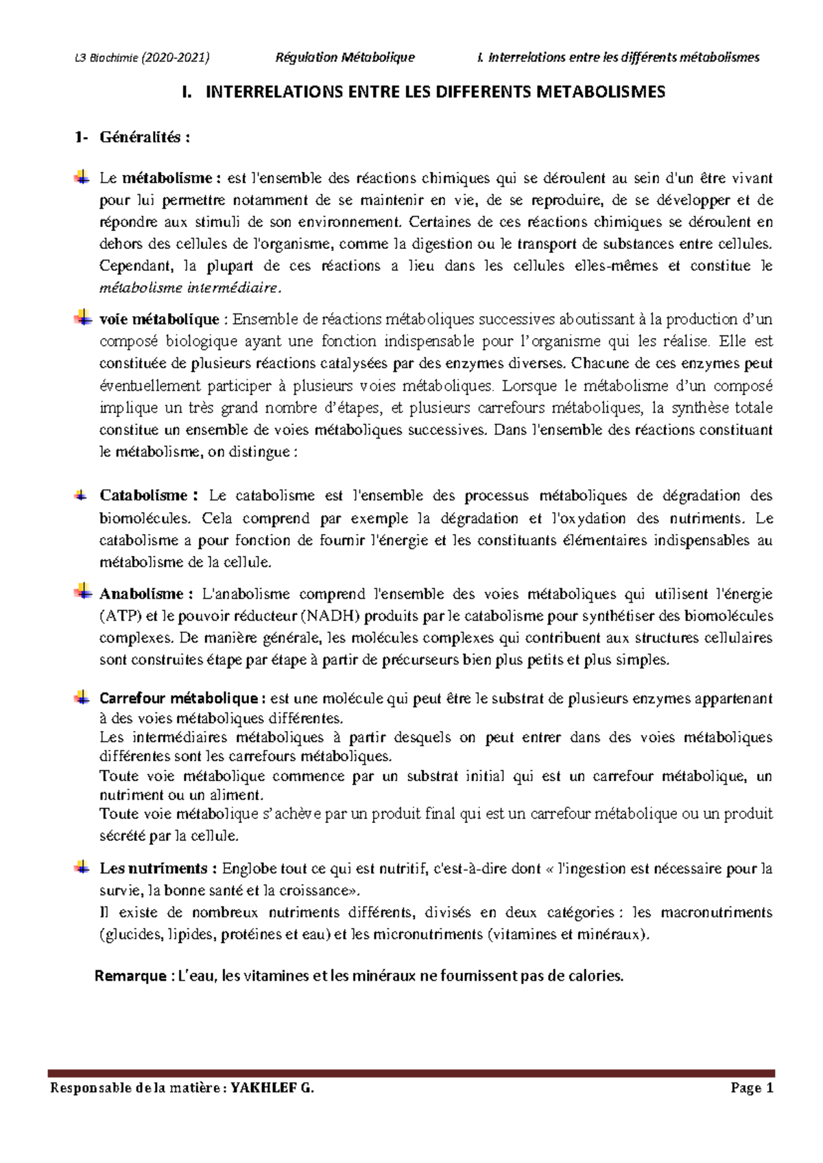 L3 Biochimie Régulation Métabolique I : Interrelations Métaboliques ...