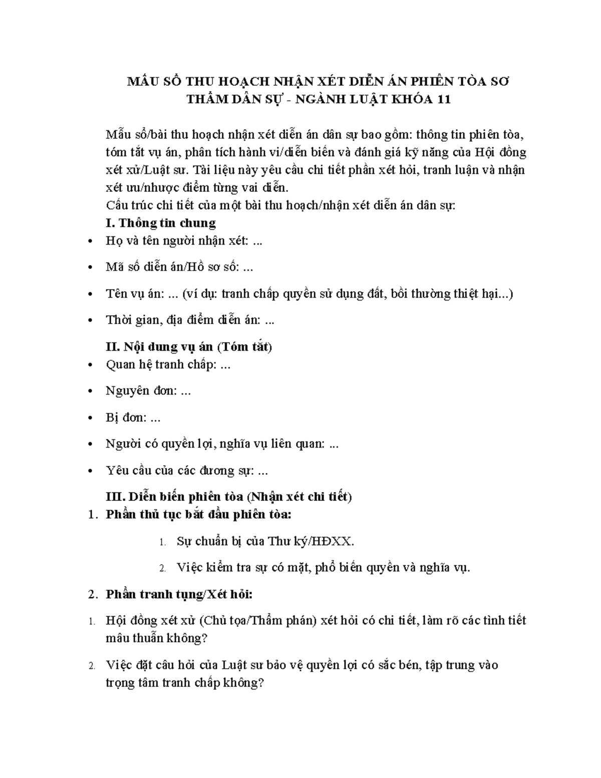 Mẫu Sổ Thu Hoạch Nhận Xét Diễn Án Phiên Tòa Sơ Thẩm Dân Sự K11 - Studocu