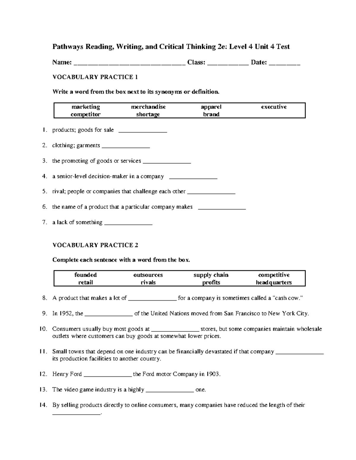Pathways Reading, Writing, and Critical Thinking 2e Level 4 Unit 4 Test ...