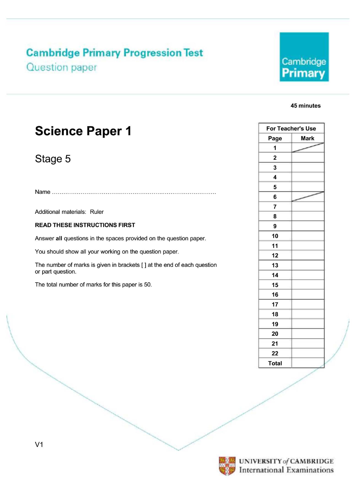 Cambridge Primary Progression Test: Stage 5 Science Paper 1 - Studocu