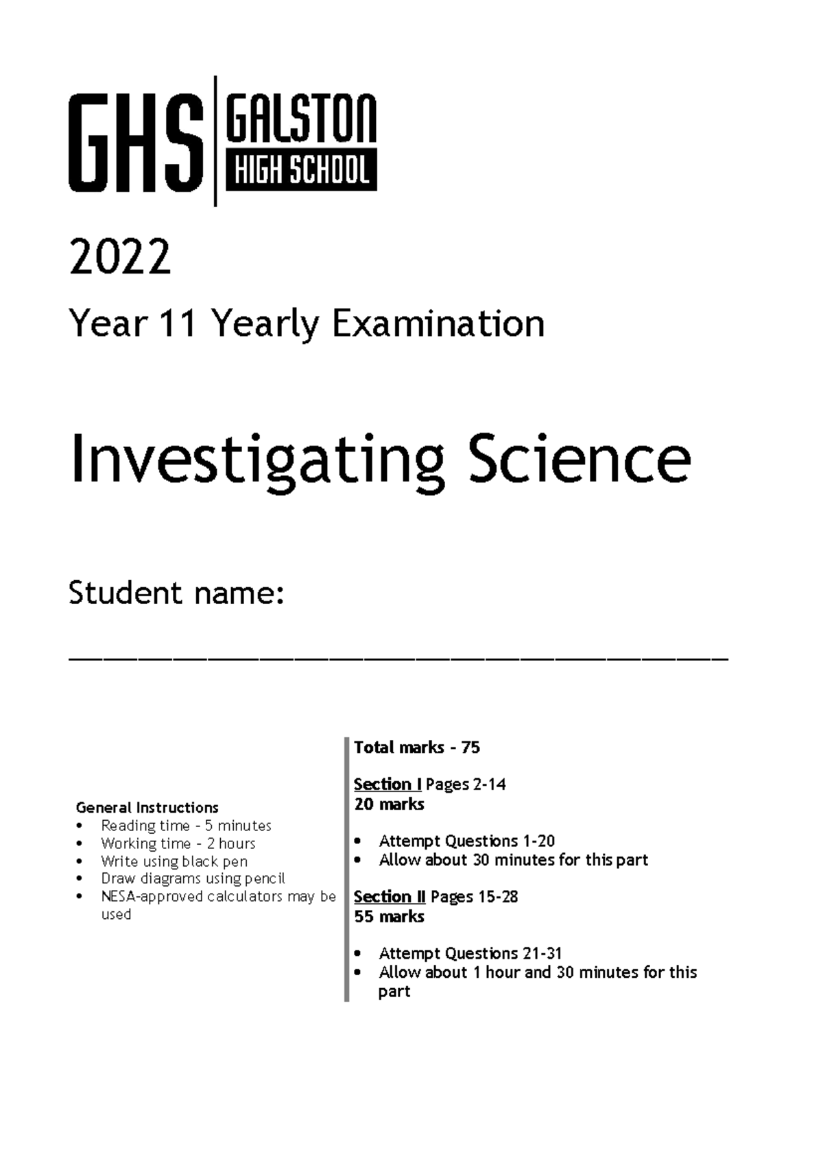 2022 Year 11 Investigating Science Yearly Exam Paper - Studocu