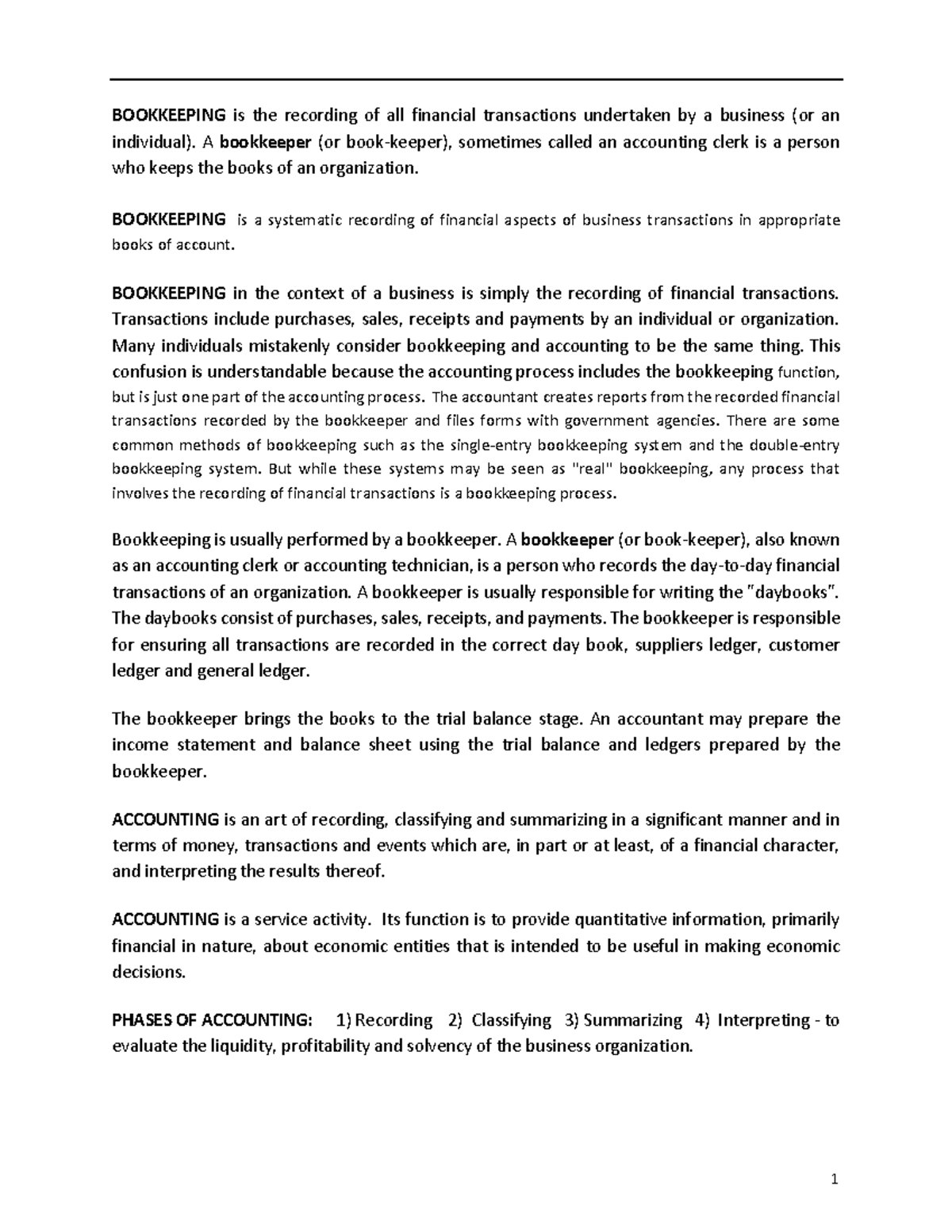 BOOKKEEPING 101: Understanding Financial Transactions and Accounting Basics - Studocu