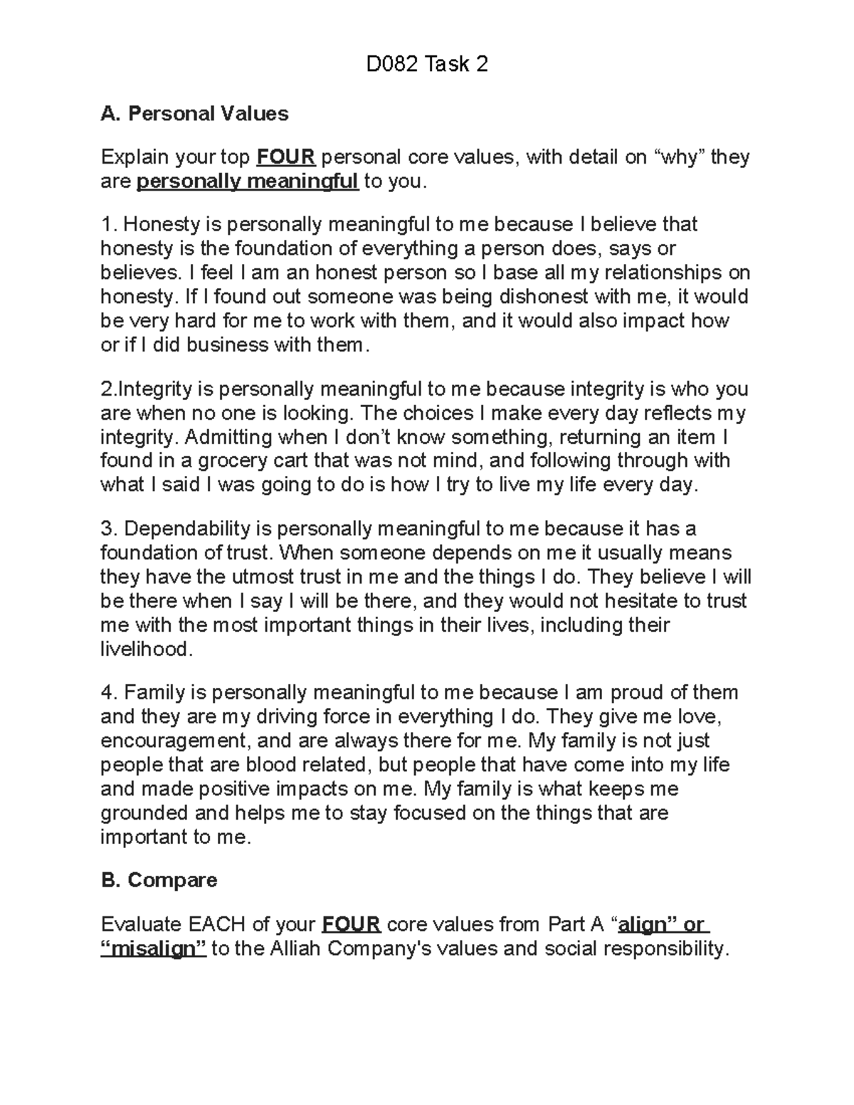 D082 Task 2 WGU - Personal Core Values and Company Alignment Analysis - Studocu