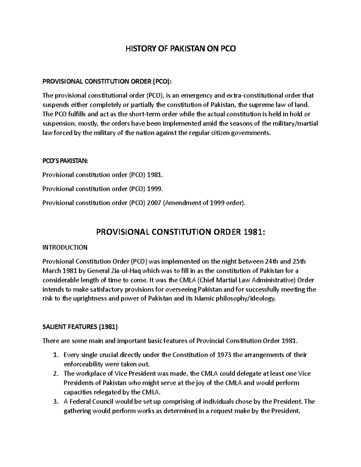 History of Pakistan on PCO: Understanding the Provisional Orders - Studocu