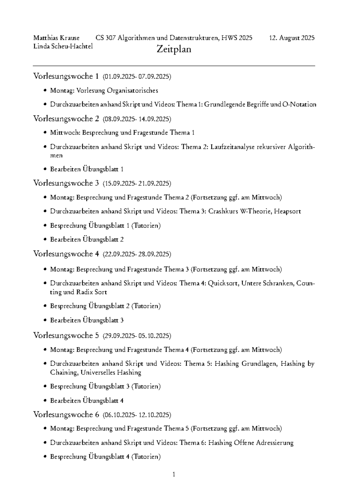 CS 307 Zeitplan für Vorlesungen und Übungen, HWS 2025 - Studocu