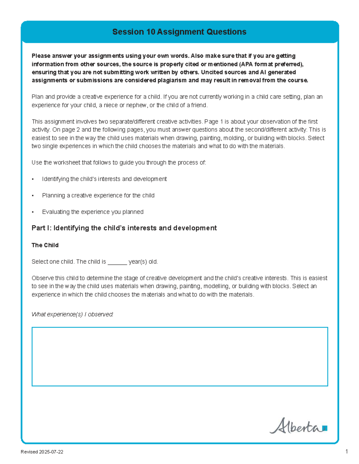 Session 10 - Creative Experience Assignment for Child Development - Studocu