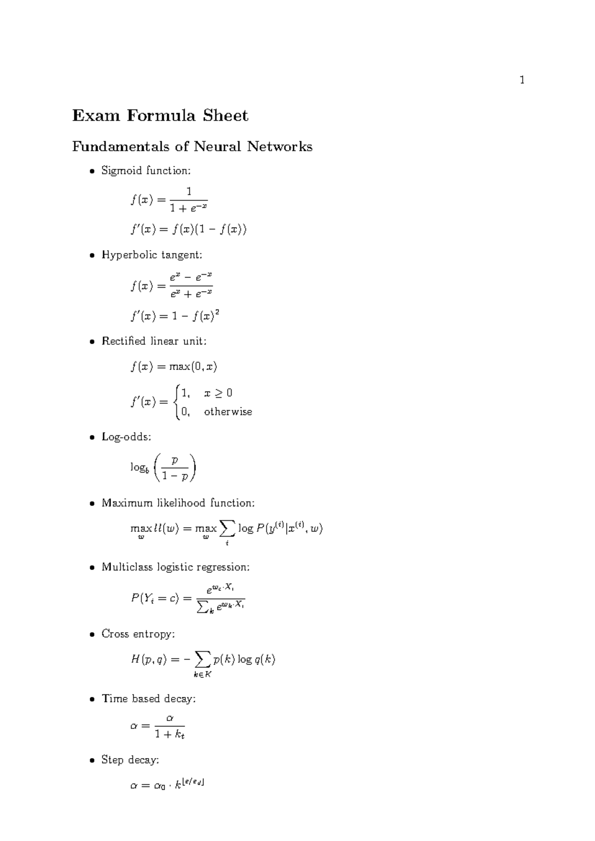 1 Exam Formula Sheet for Fundamentals of Neural Networks - Studocu