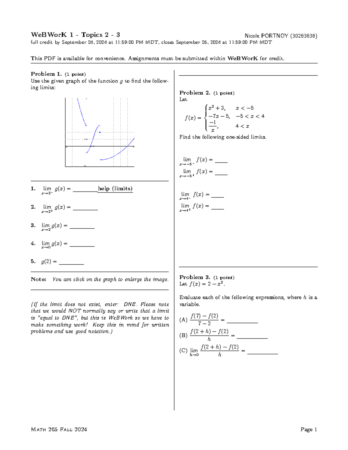 F2024 MATH 265 WeBWorK 1: Limits and Discontinuities Assignment - Studocu