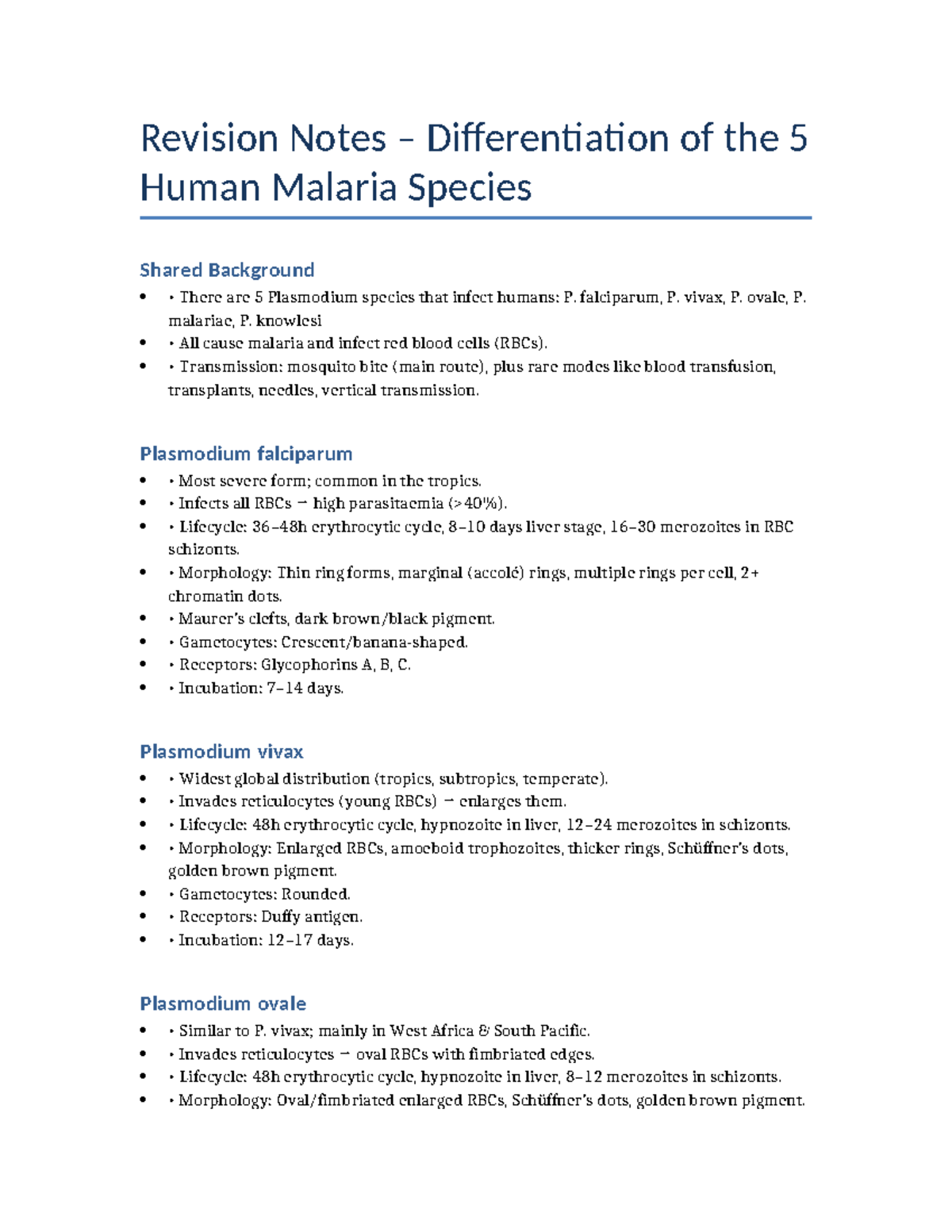 Malaria Revision Notes Plasmodium Species - Revision Notes ...