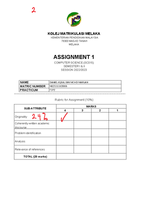 UPS1 SC025 20232024 - KOLEJ MATRIKULASI MELAKA COMPUTER SCIENCE 2 UJIAN ...
