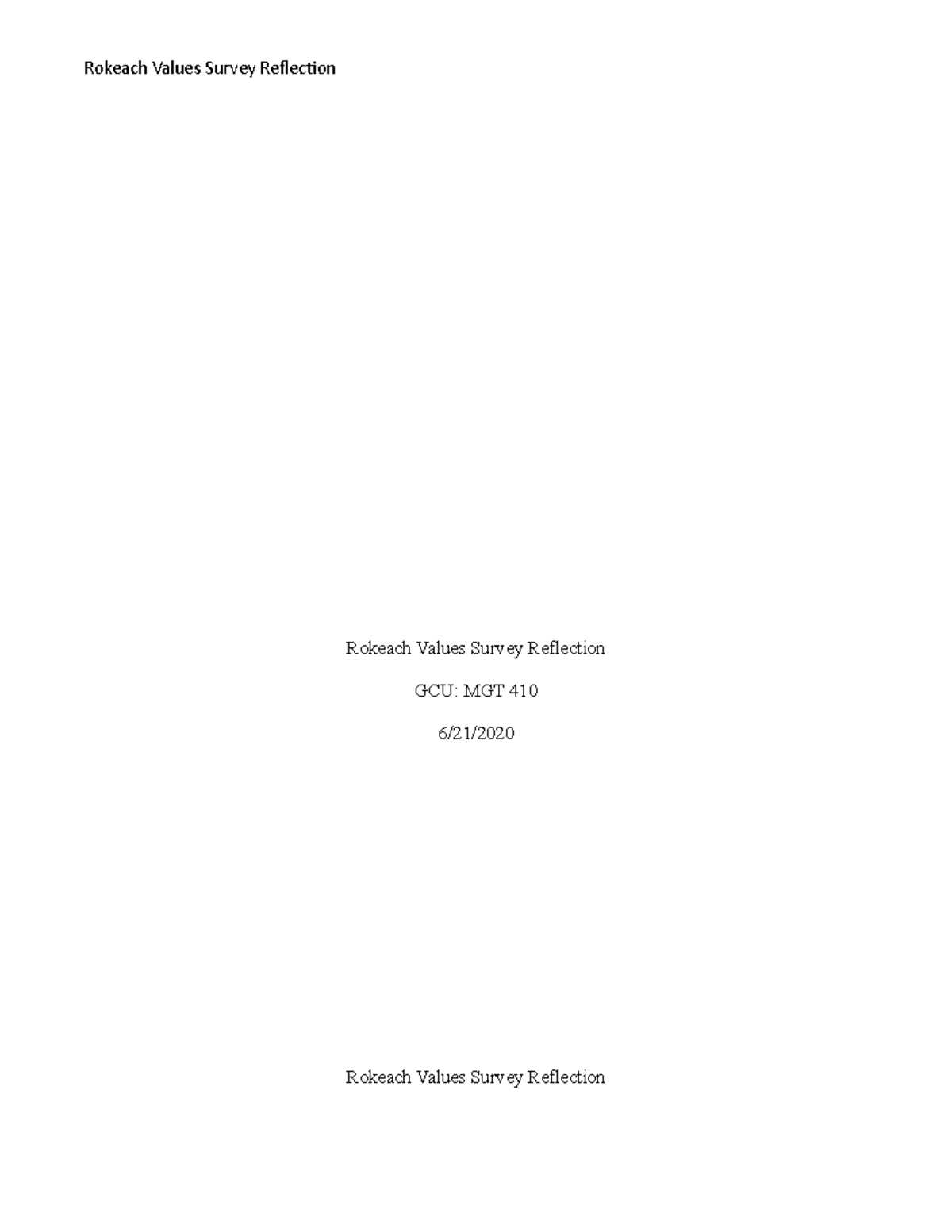 MGT-410 Rokeach Values Survey Reflection & Personal Insights - Studocu