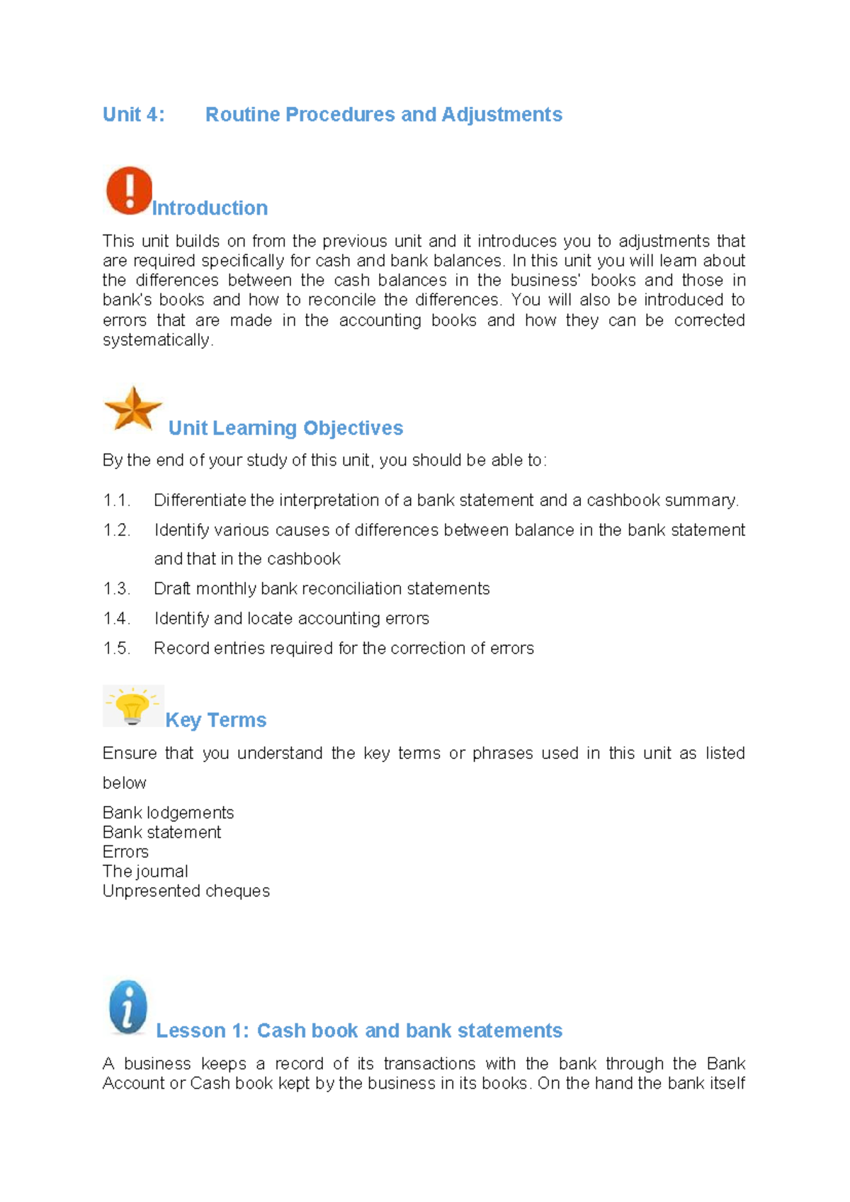 Unit 4: Notes on Accounting - Cash and Bank Reconciliation Procedures ...