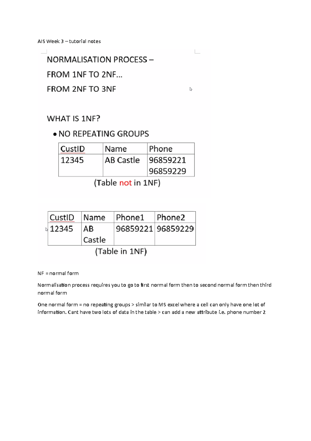 AIS 3NF Normalisation Tutorial Notes - Week 3 - Studocu