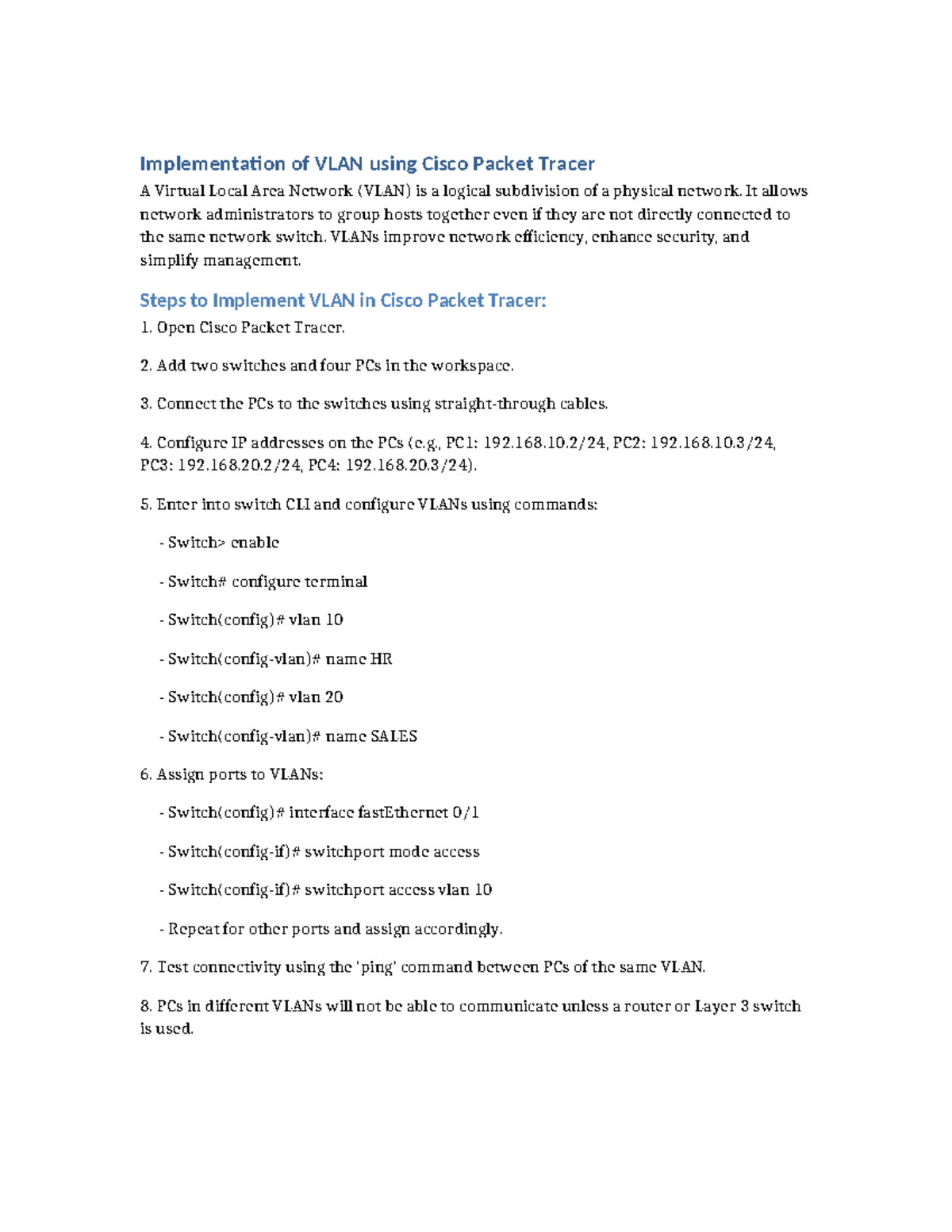 VLAN Implementation Guide - Cisco Packet Tracer Tutorial - Studocu