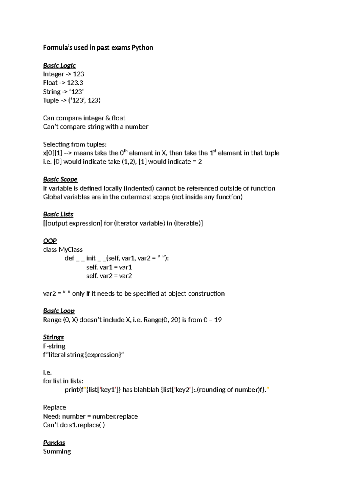 Python Exam Content Summary: Key Formulas & Concepts - Studeersnel