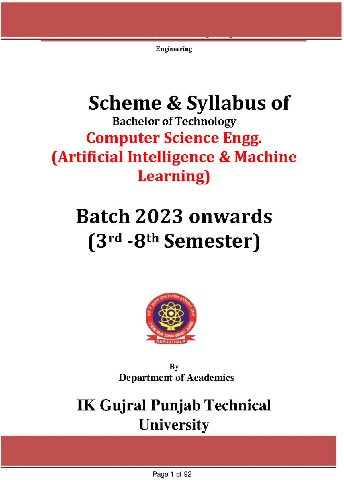 B. Tech CSE AI & ML Syllabus for 3rd to 8th Sem (Batch 2023 Onwards) - Studocu