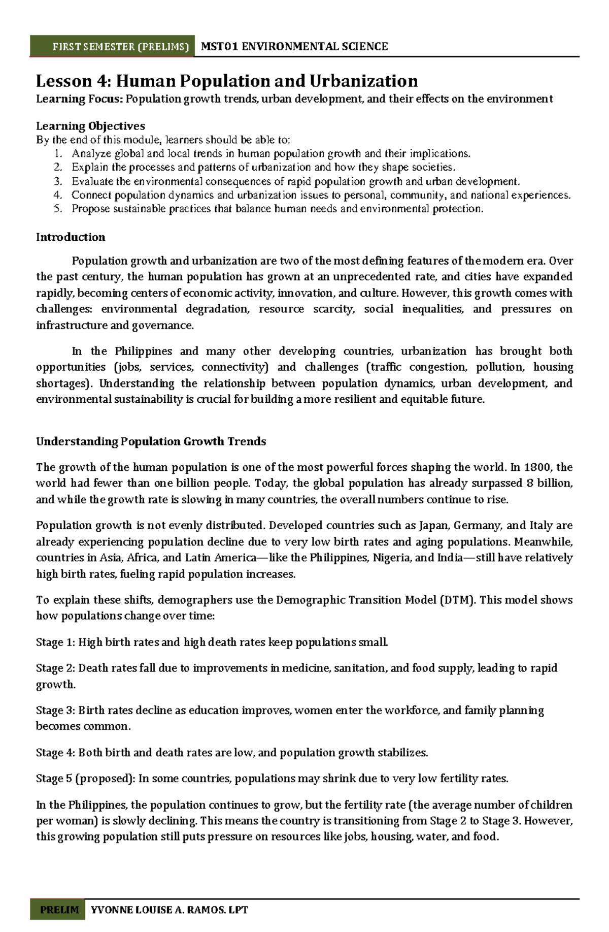 MST01 Environmental Science: Human Population Growth & Urbanization Effects - Studocu