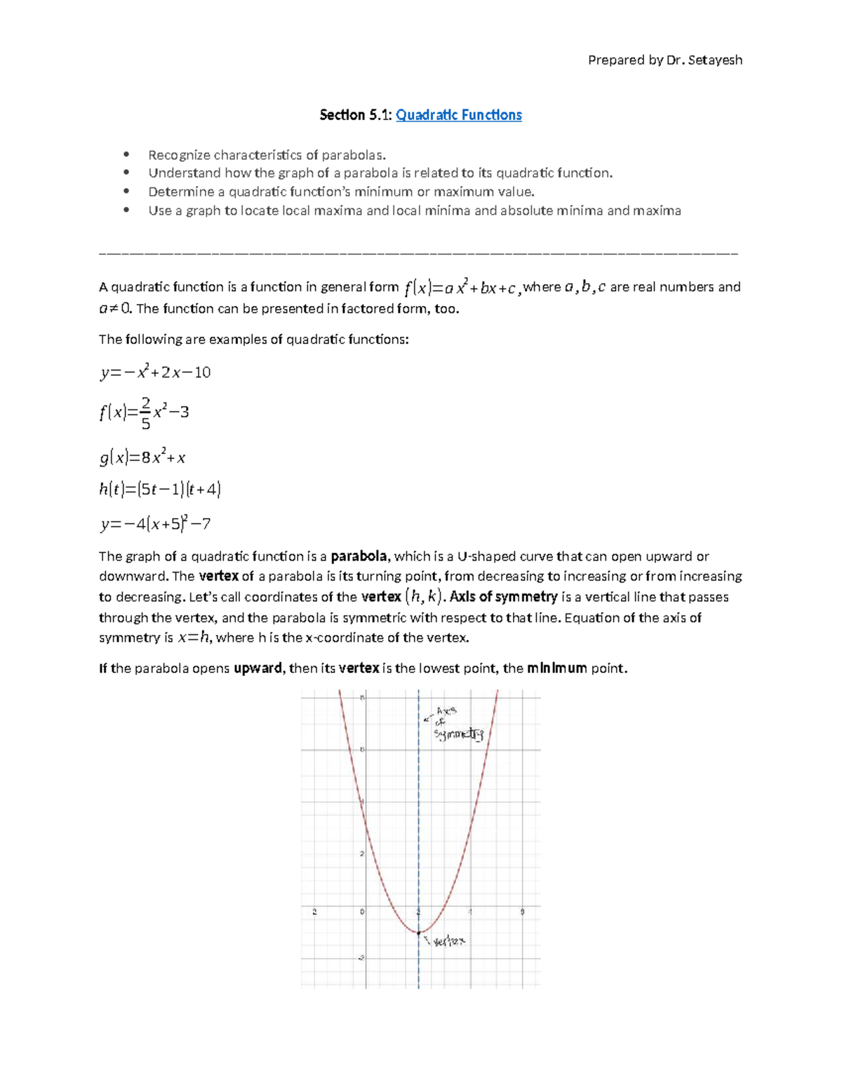 Quadratic Functions (MATH 101): Characteristics, Graphs, and Extremes Analysis - Studocu
