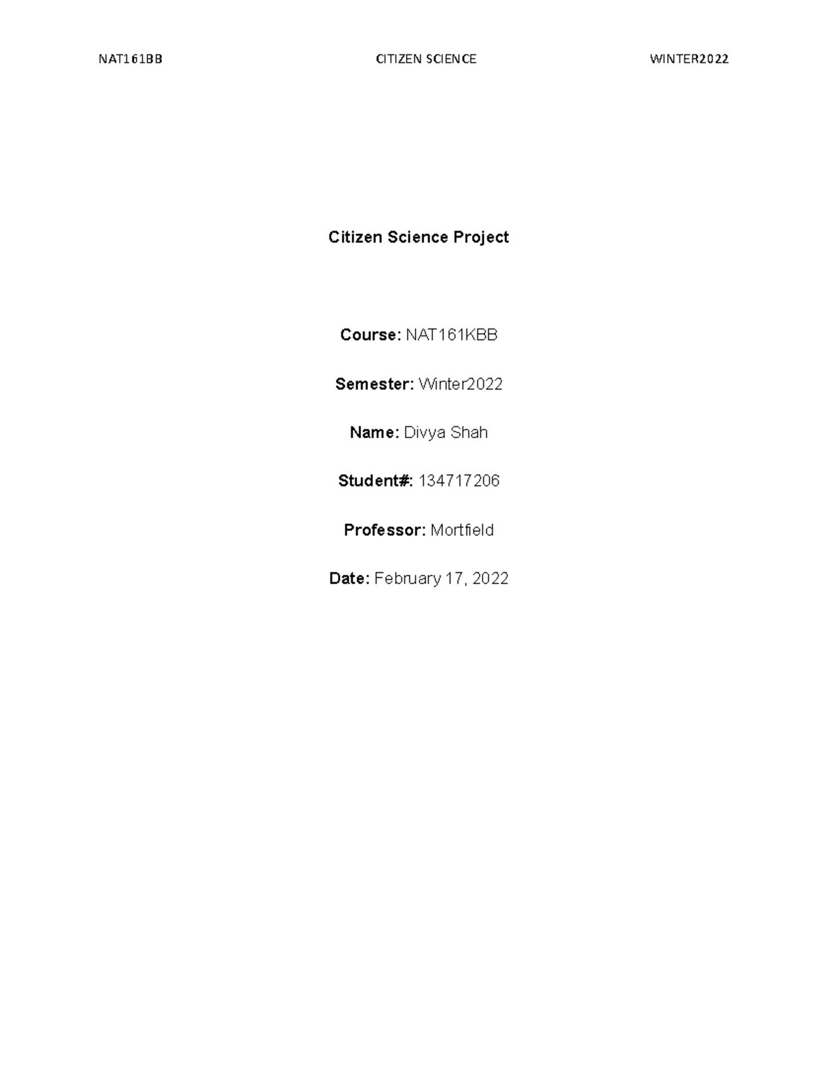 NAT161KBB Citizen Science Project Assignment Overview and Reflections ...