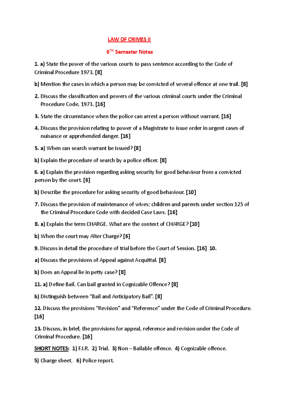 LAW OF CRIMES II 6TH Semester Study Notes and Key Provisions - Studocu