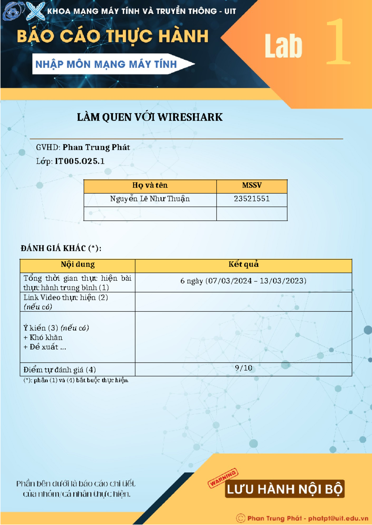 IT005 - LAB01: Báo cáo thực hành Wireshark trong Nhập môn mạng máy tính - Studocu