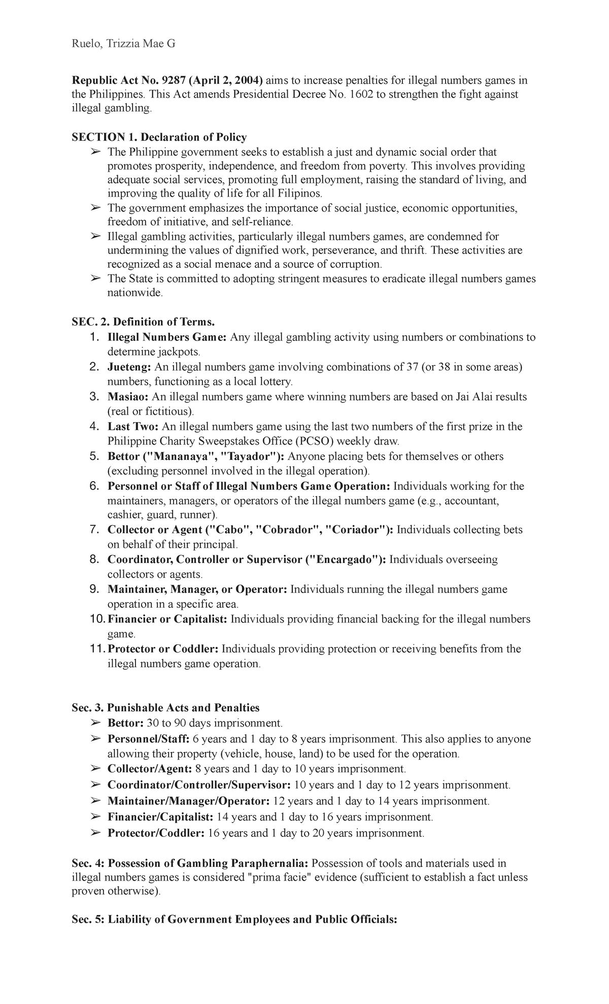Republic Act No. 9287: Amending PD No. 1602 on Illegal Gambling - Studocu