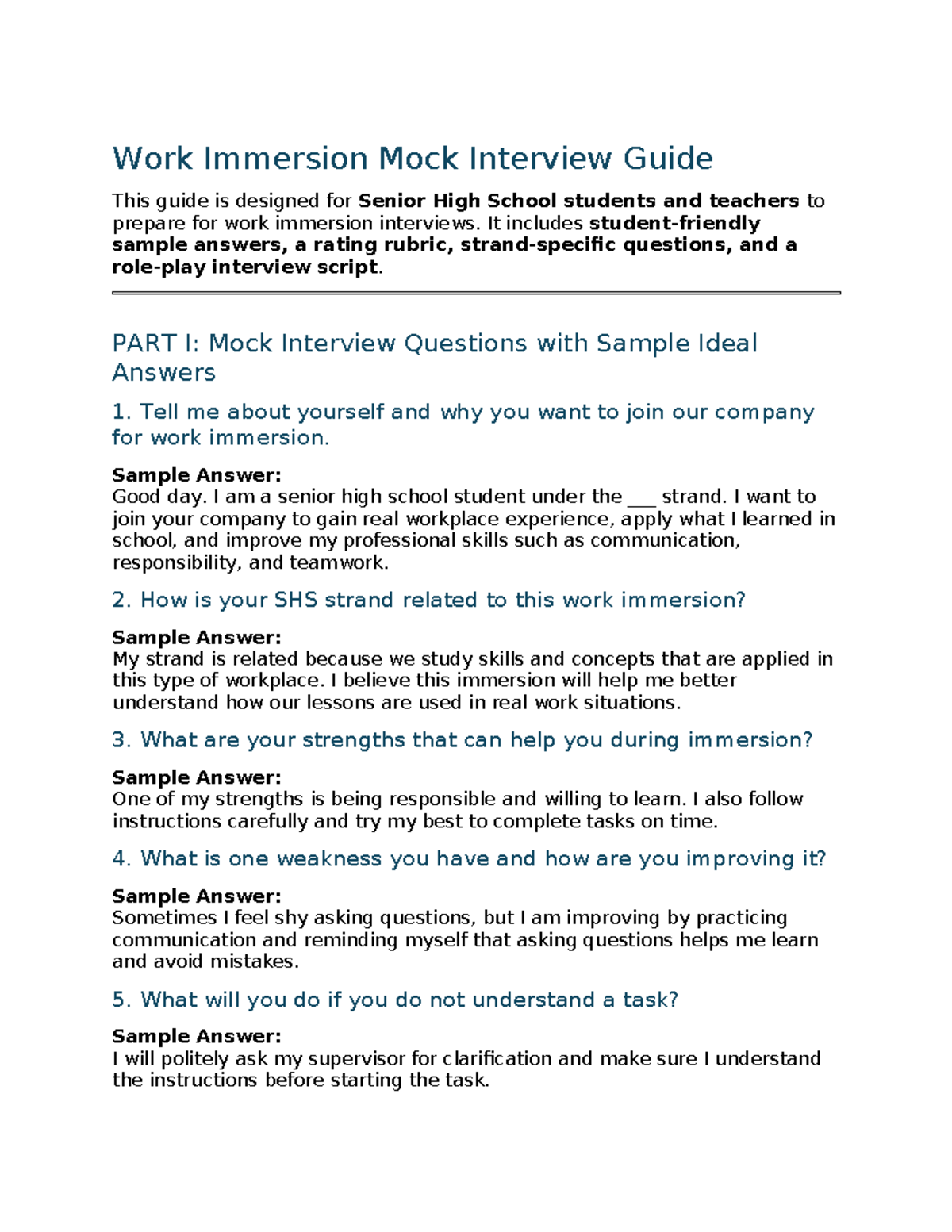 Work Immersion Mock Interview Guide for SHS Students - Studocu