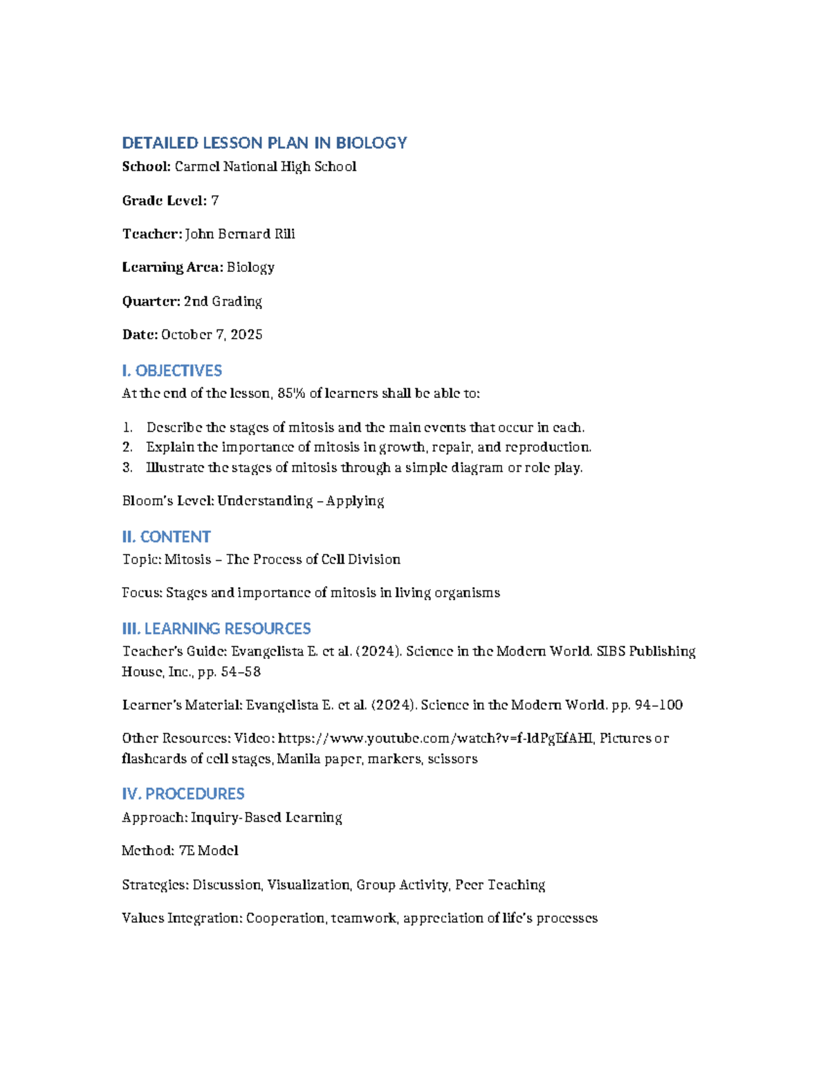 Revised Lesson Plan on Mitosis for Grade 7 Biology - Studocu