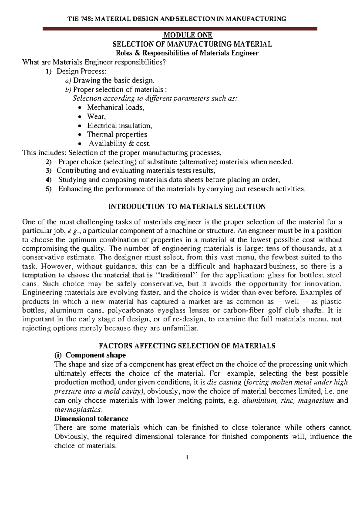 TIE 748: Material Design & Selection in Manufacturing - Lecture Notes ...