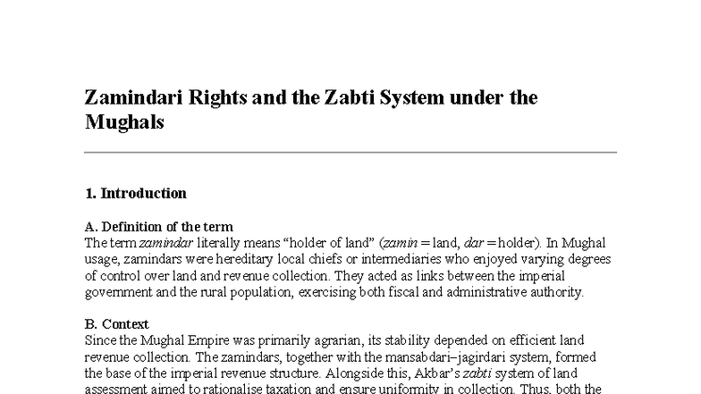 Zamindari Rights & Zabti System in Mughal India: An Overview - Studocu