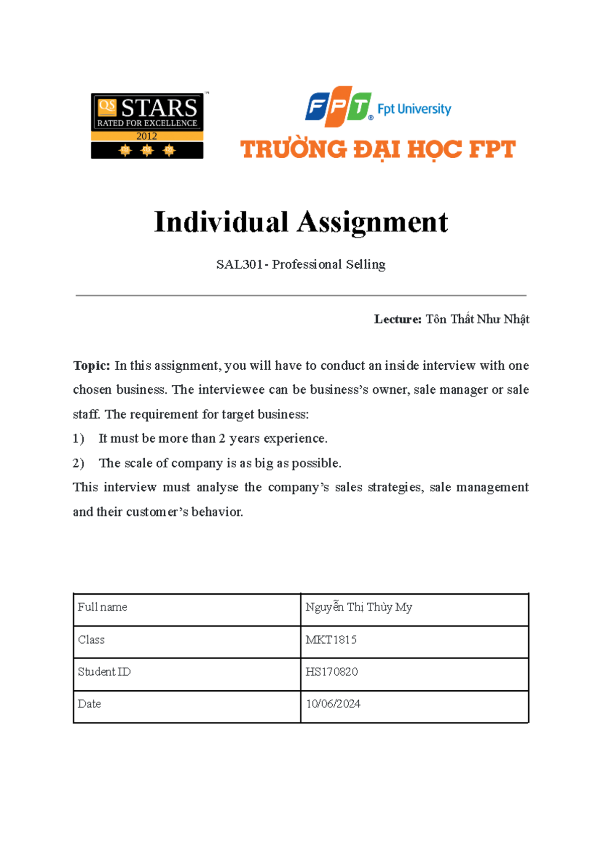 Individual Assignment: Inside Interview for SAL301-MKT1815 - Studocu