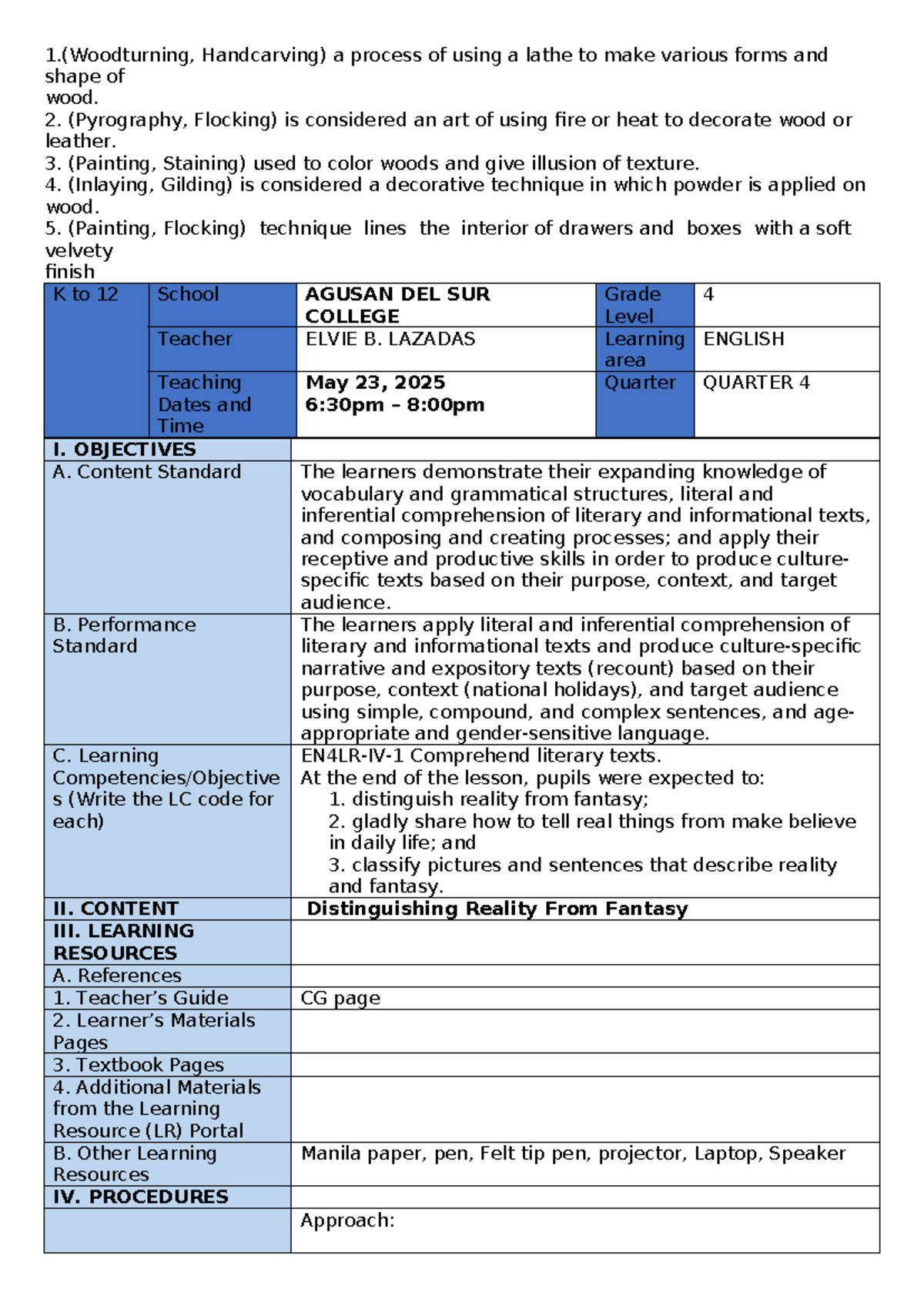 Grade 4 English: Distinguishing Reality from Fantasy - Lesson Plan ...