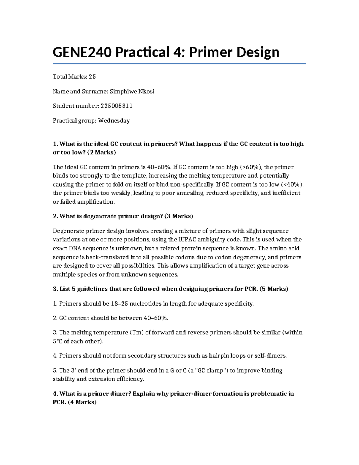 GENE240 Practical 4: Primer Design Guidelines and Considerations - Studocu