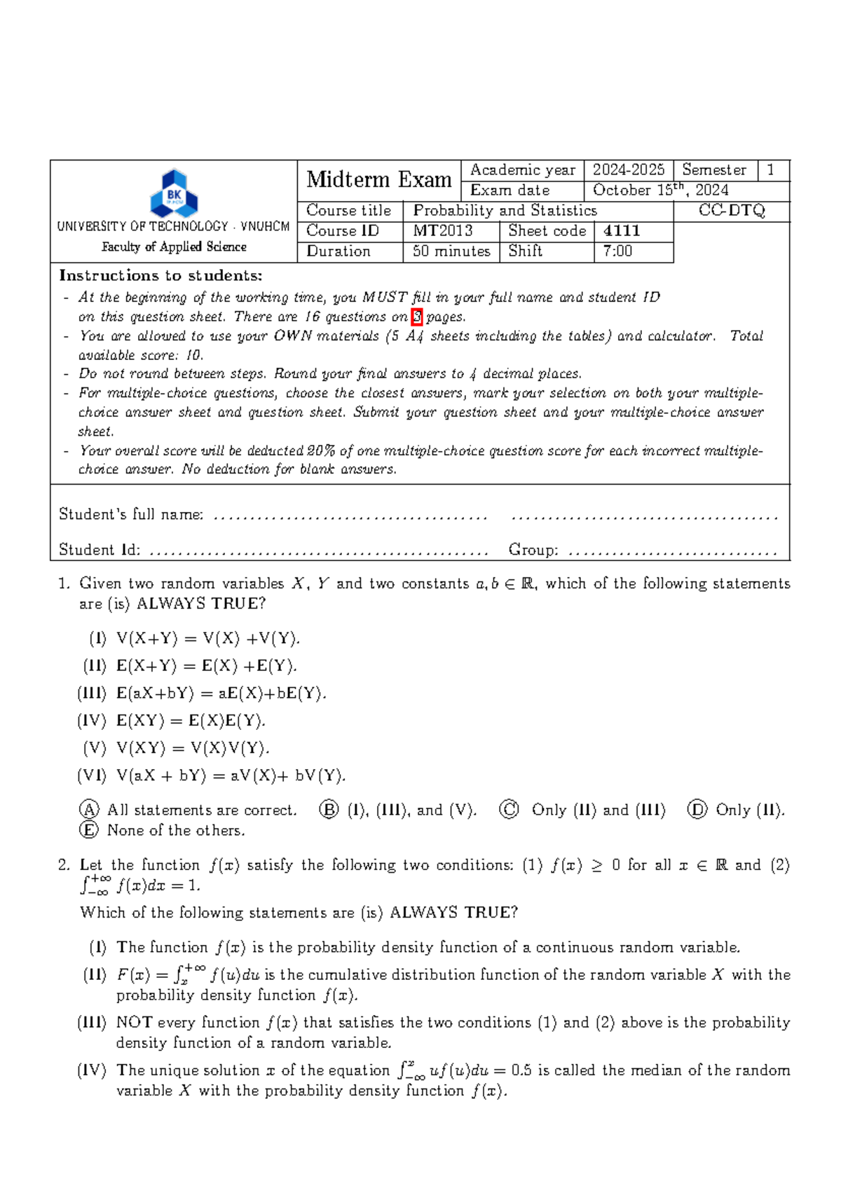 Midterm Exam MT2013: Probability and Statistics - October 15, 2024 ...
