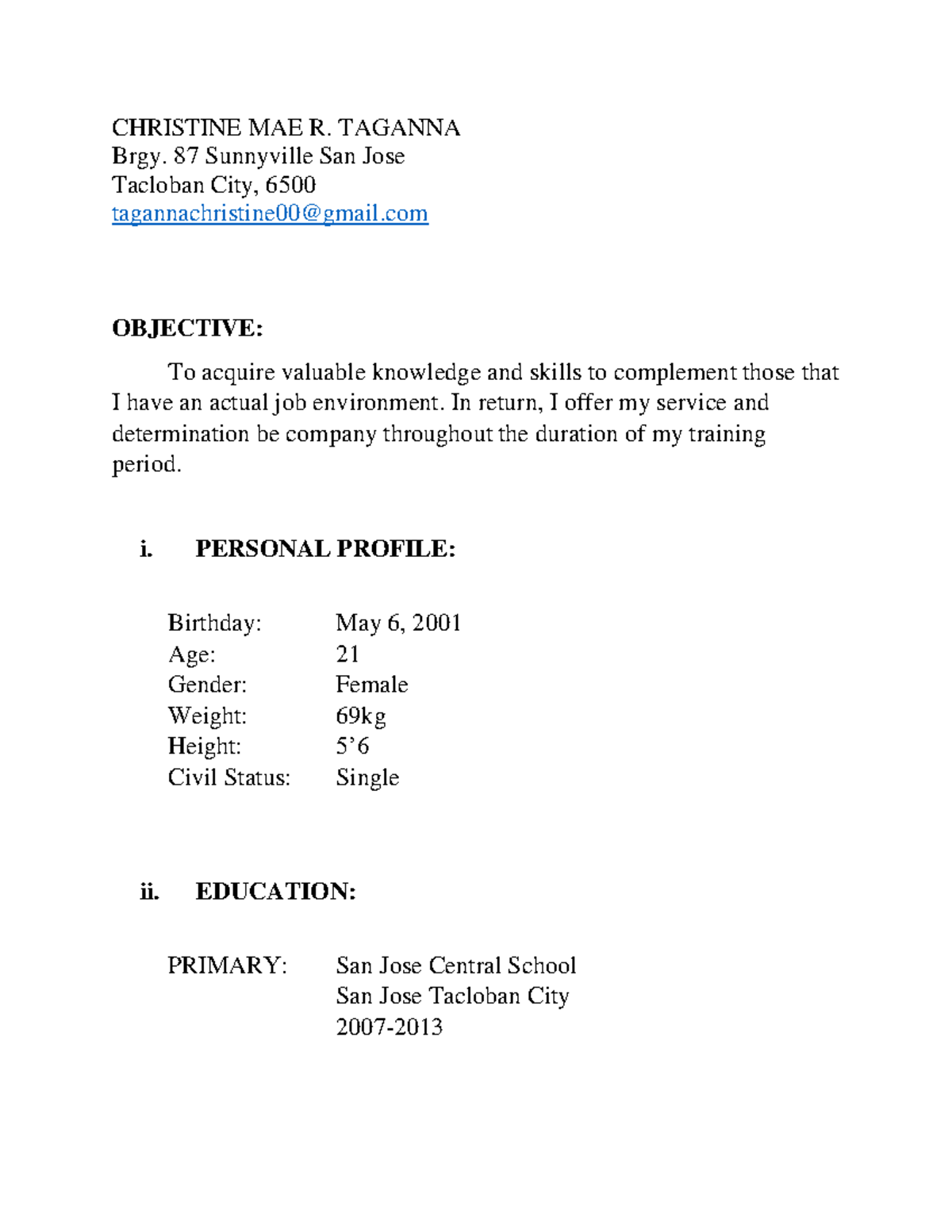 Resume (homecredit) - HOME CREDIT - CHRISTINE MAE R. TAGANNA Brgy. 87 ...