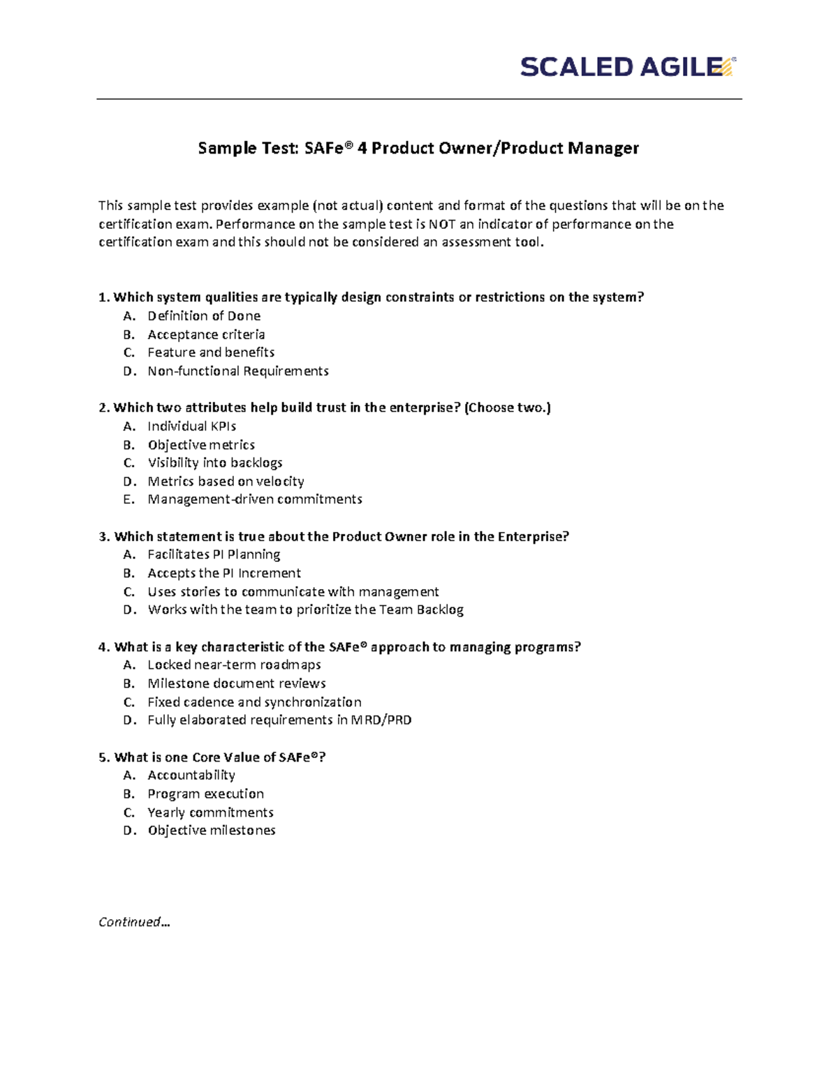 POPM sample - SAFe POPM Practice Test - Sample Test: SAFe® 4 Product ...