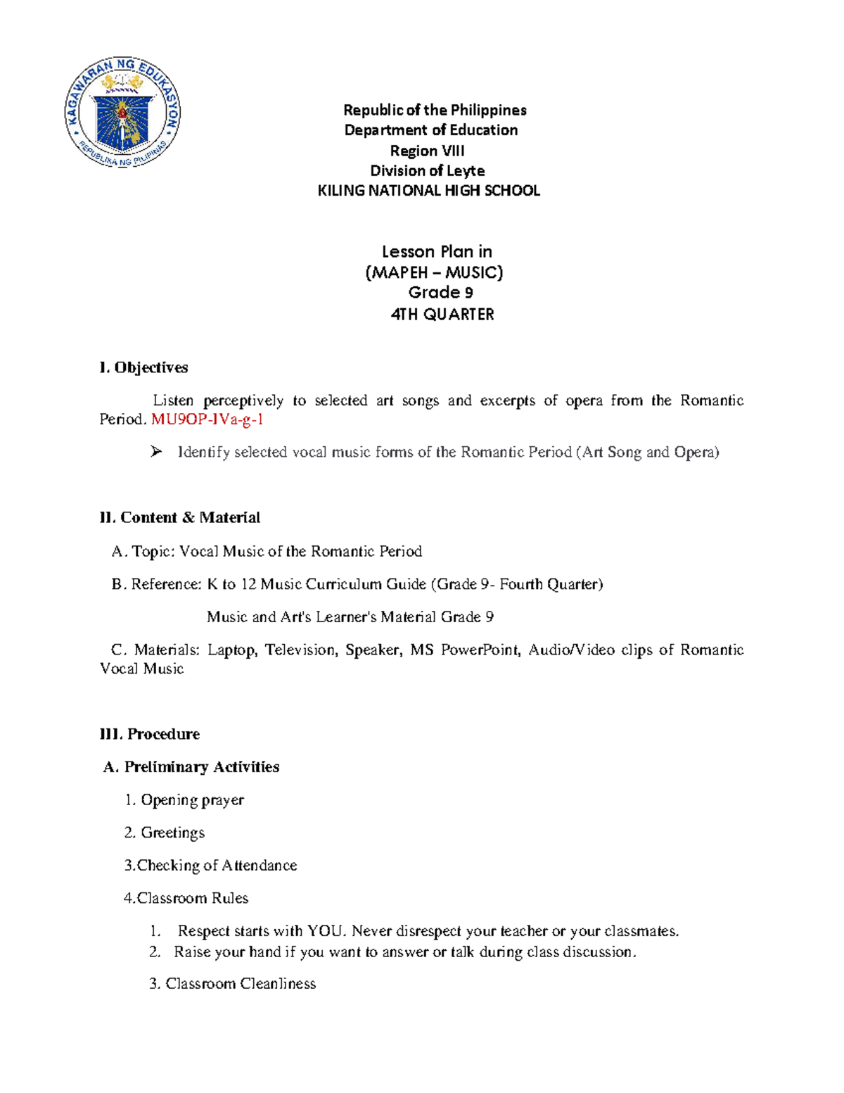 Grade 9 MAPEH Lesson Plan: Vocal Music of the Romantic Period - Studocu