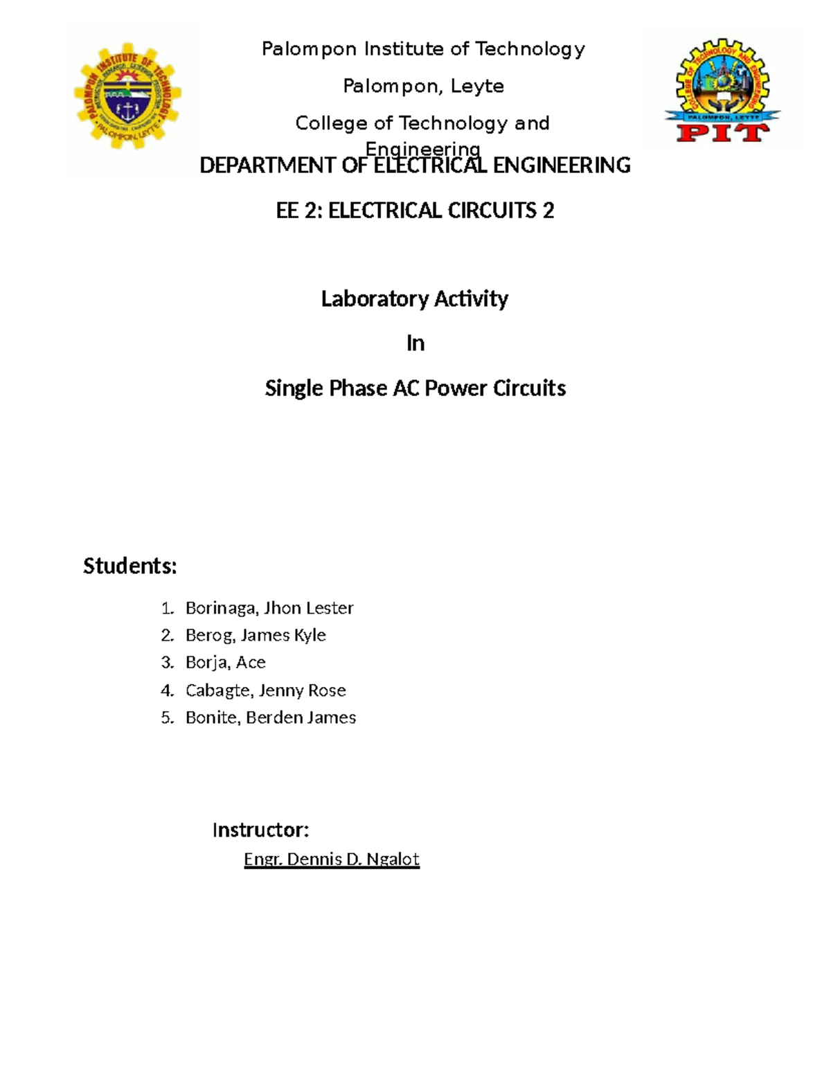 EE 2: Electrical Circuits 2 Lab Activity on Single Phase AC Power - Studocu