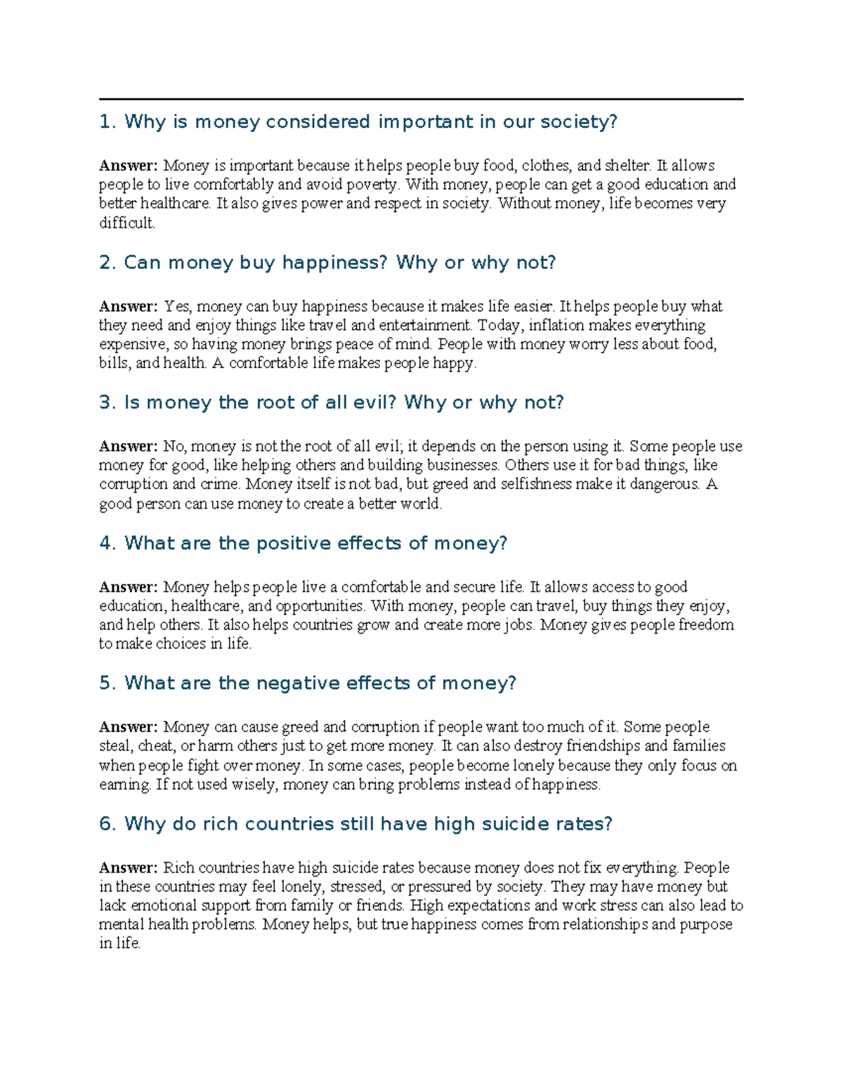 Lanza - NOTES - 1. Why is money considered important in our society ...