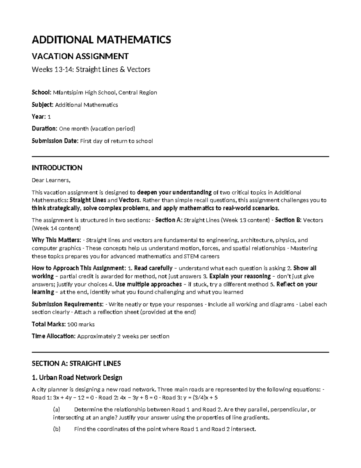 ADDITIONAL MATH VACATION ASSIGNMENT: STRAIGHT LINES & VECTORS - Studocu